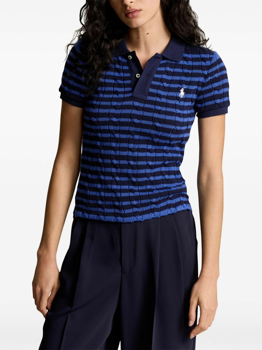 Polo Ralph Lauren Blue Cable Knit Polo Top Polo Ralph Lauren