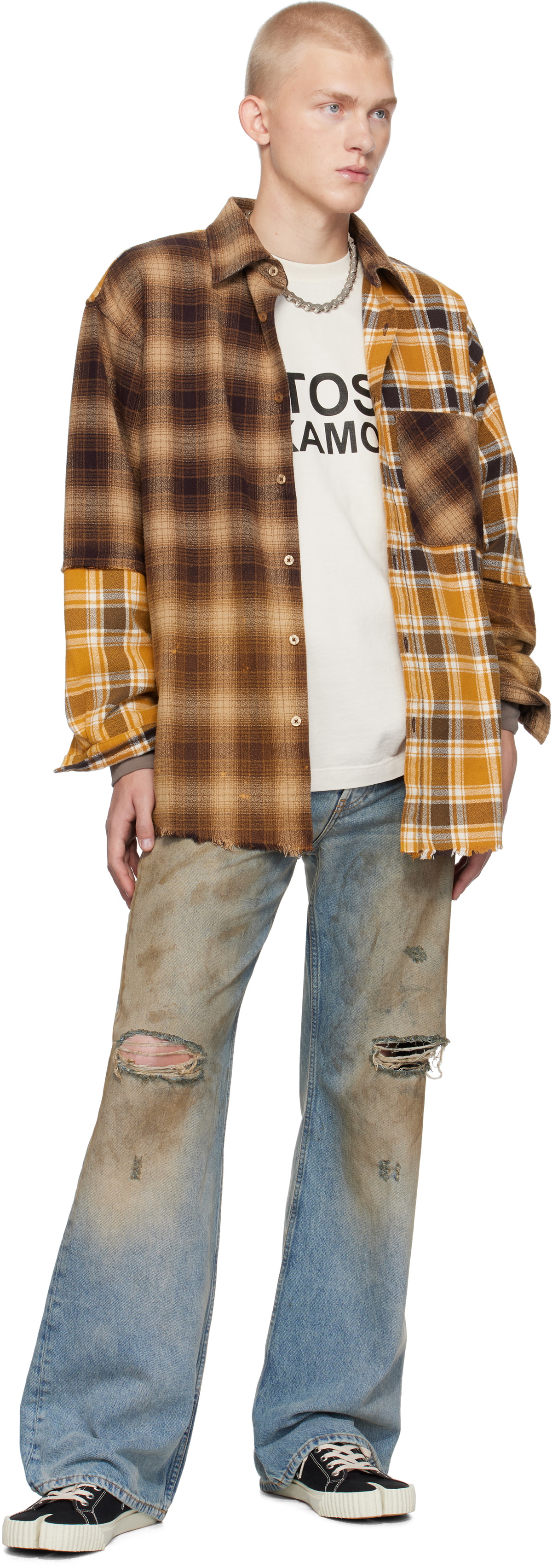 Satoshi Nakamoto Yellow & Brown Patchwork Logo Flannel Shirt Satoshi Nakamoto