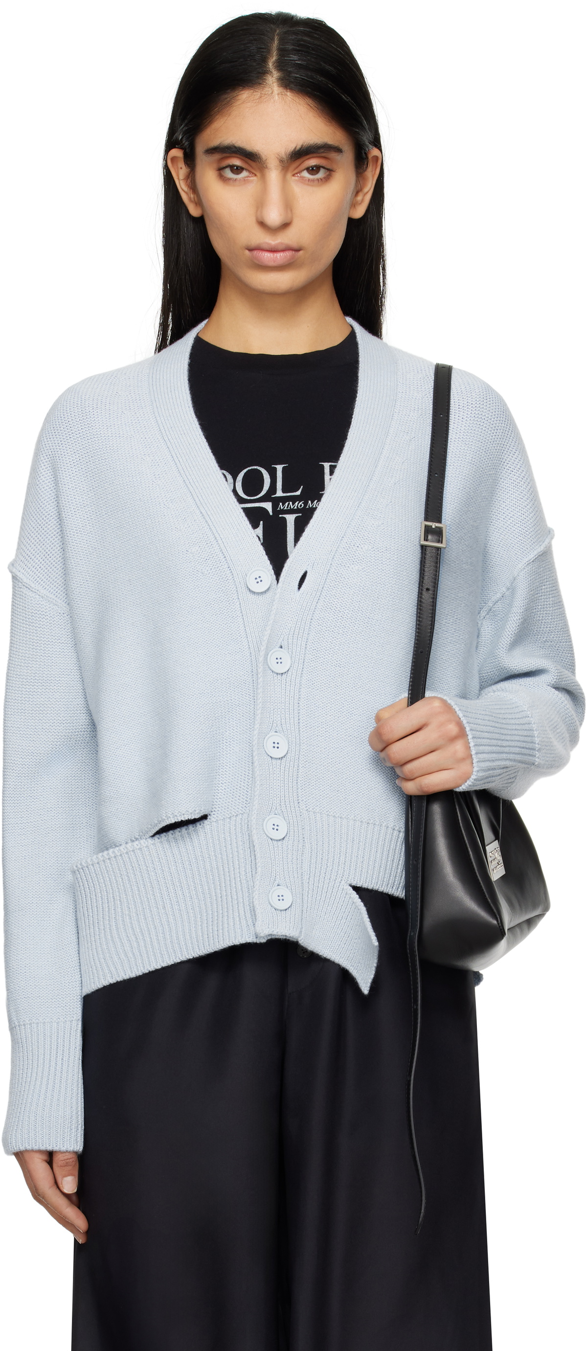 MM6 Maison Margiela Blue Boxy Ripped Cardigan MM6 Maison Margiela