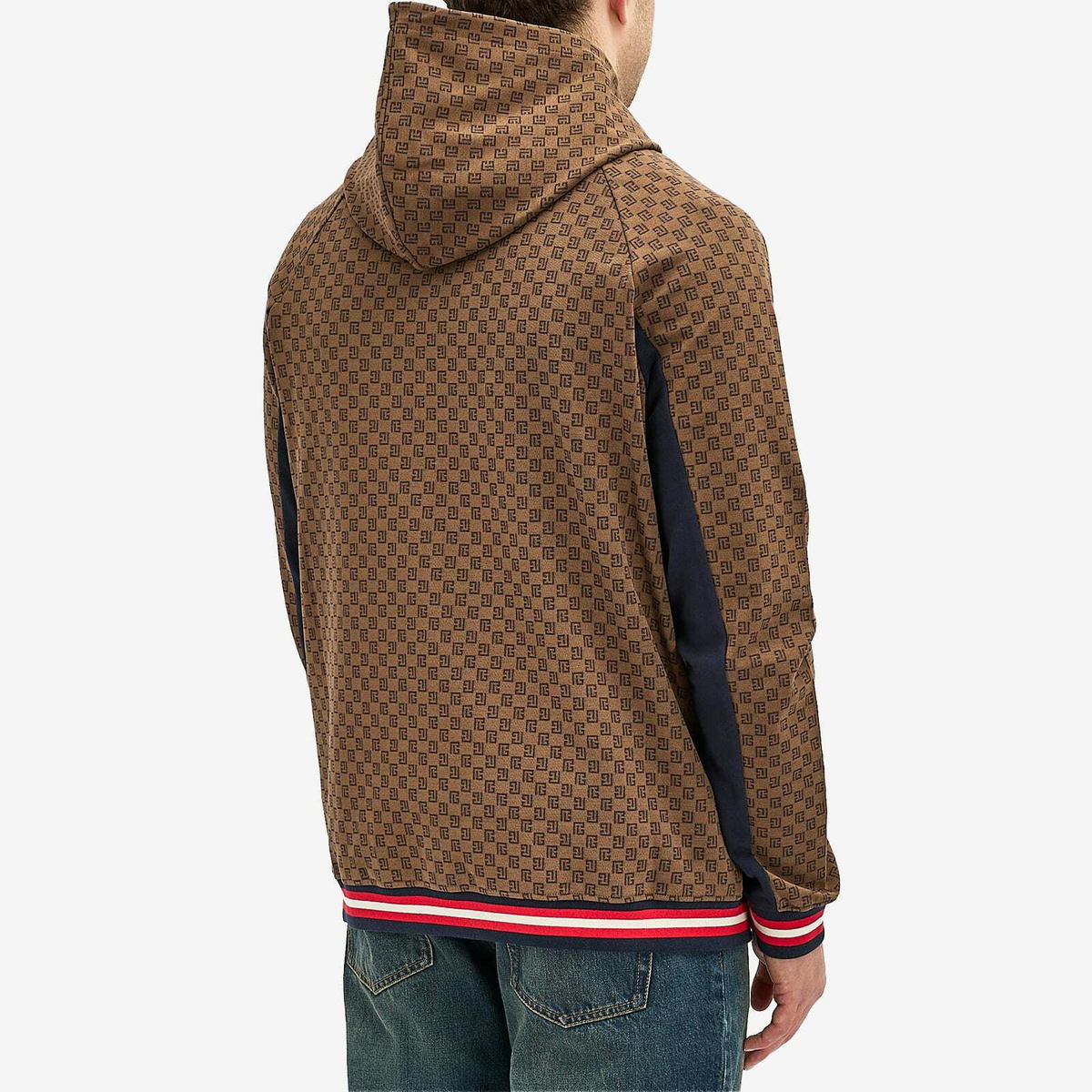 Balmain Men's Retro Logo Mini Monogram Hoodie in Brown/Navy/Red Balmain
