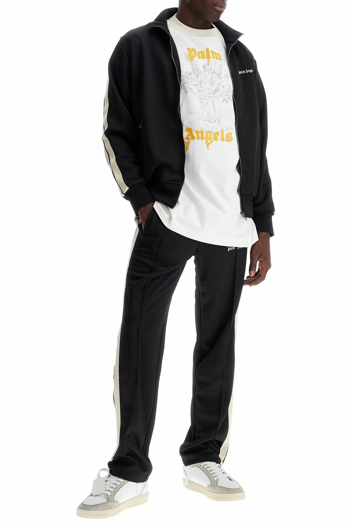 PALM ANGELS contrast band track jacket with nine words Black Palm Angels