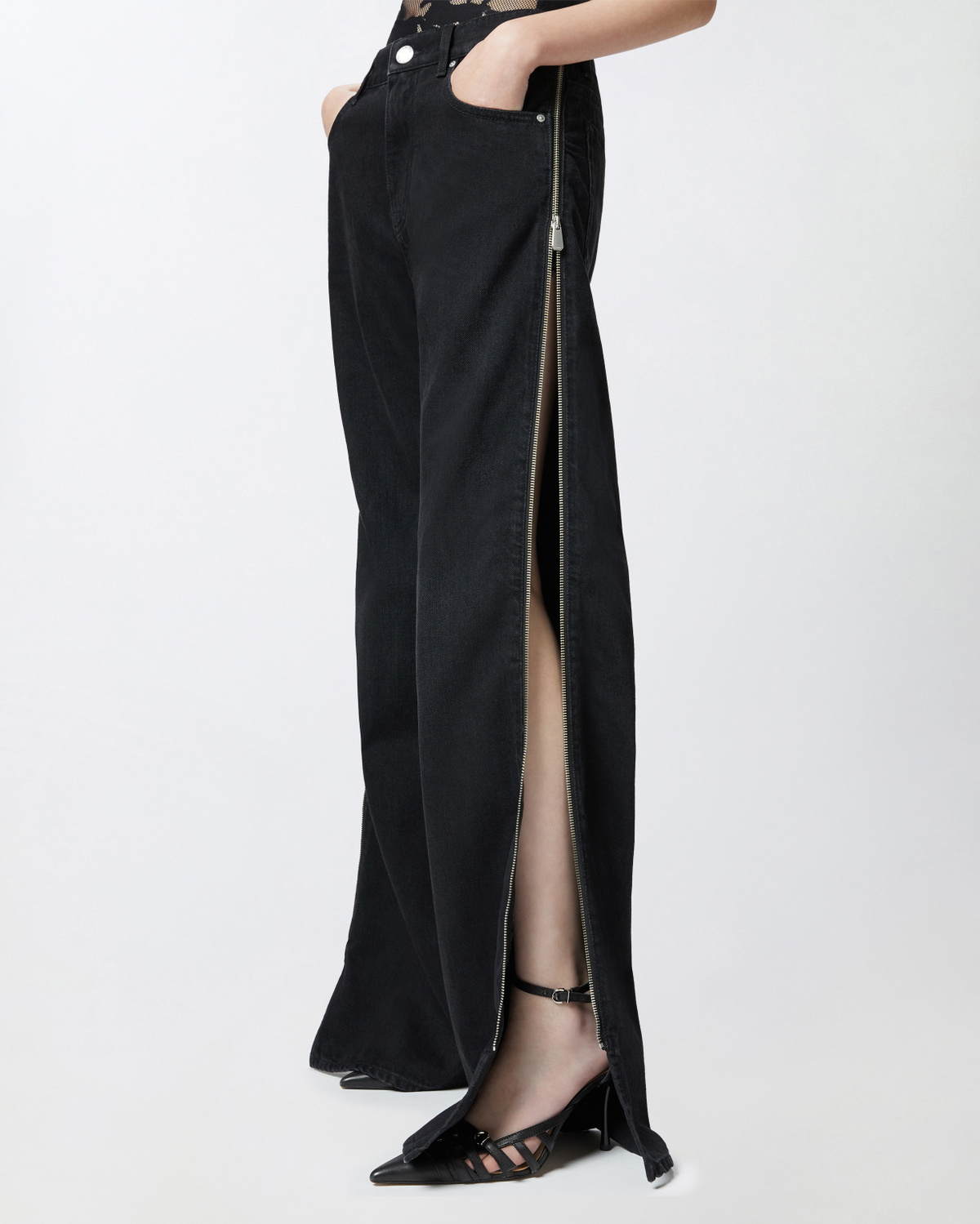 Pinko Wide Leg Jeans With Side Zips Limo Black Pinko