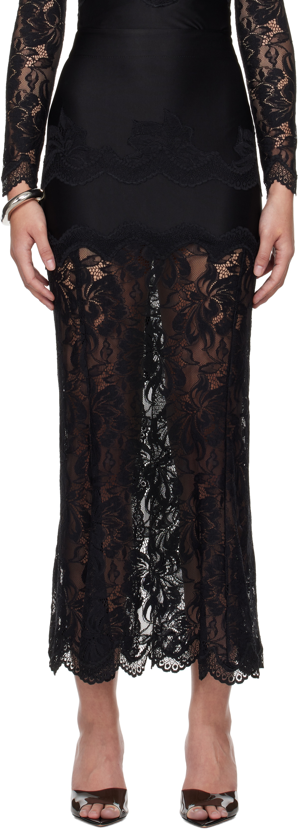 Rabanne Black Long Lace Maxi Skirt Paco Rabanne