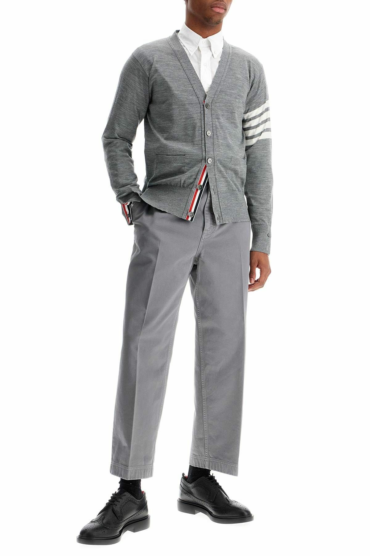 THOM BROWNE men's cardigan in pale grey merino wool with 4 white ...