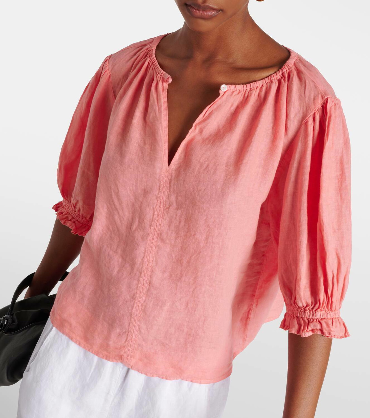 Velvet Puff-sleeve linen top Velvet