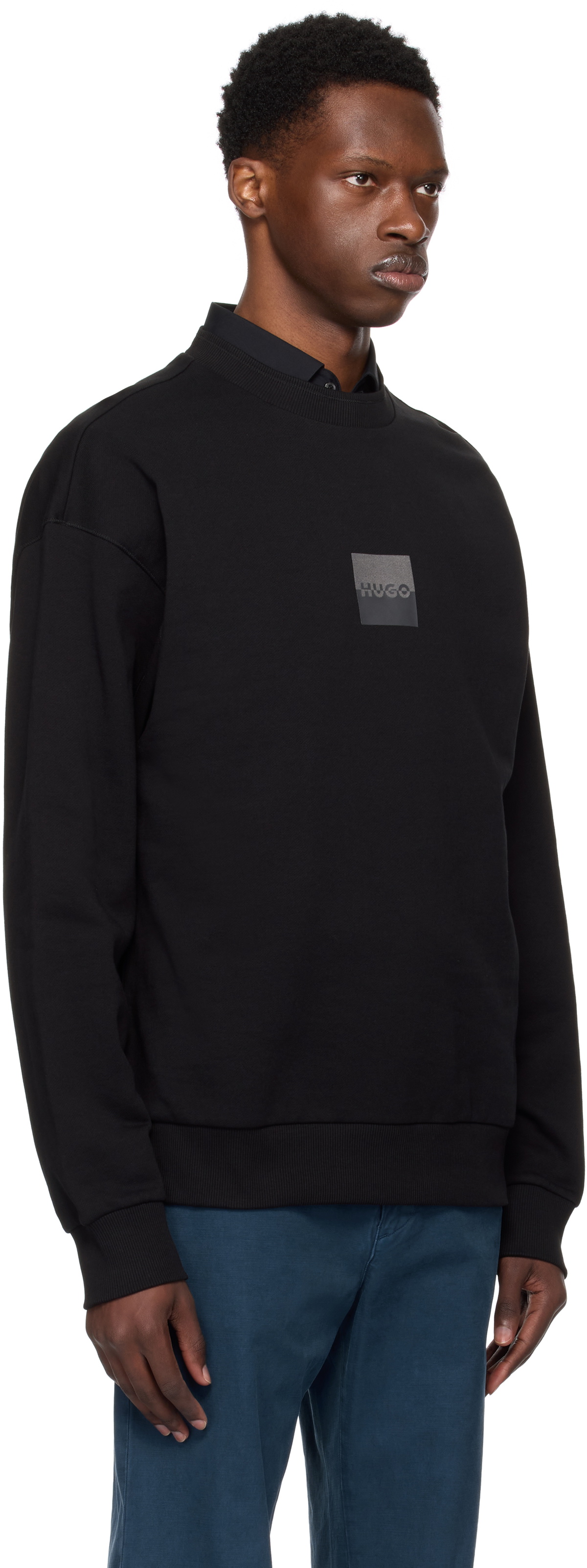 Hugo Black Cotton Terry Split Logo Sweatshirt Hugo Boss