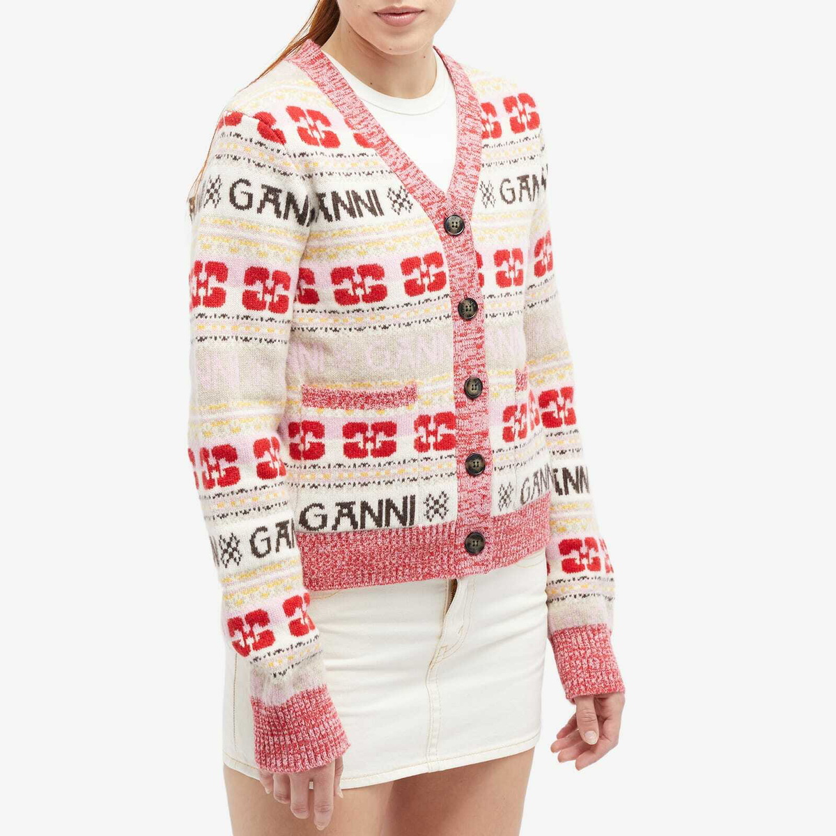 GANNI Women's Logo Wool Mix Cardigan in Multicolour GANNI