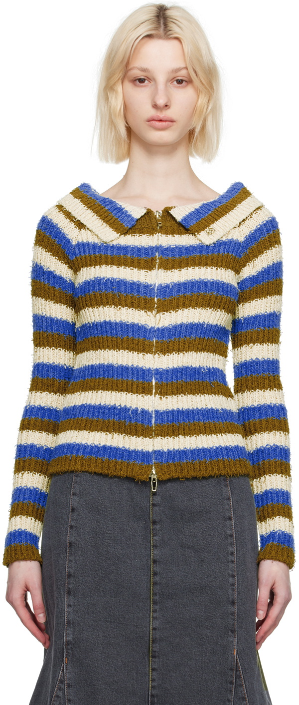 Kijun Brown & Blue Off-Shoulder Sweater Kijun