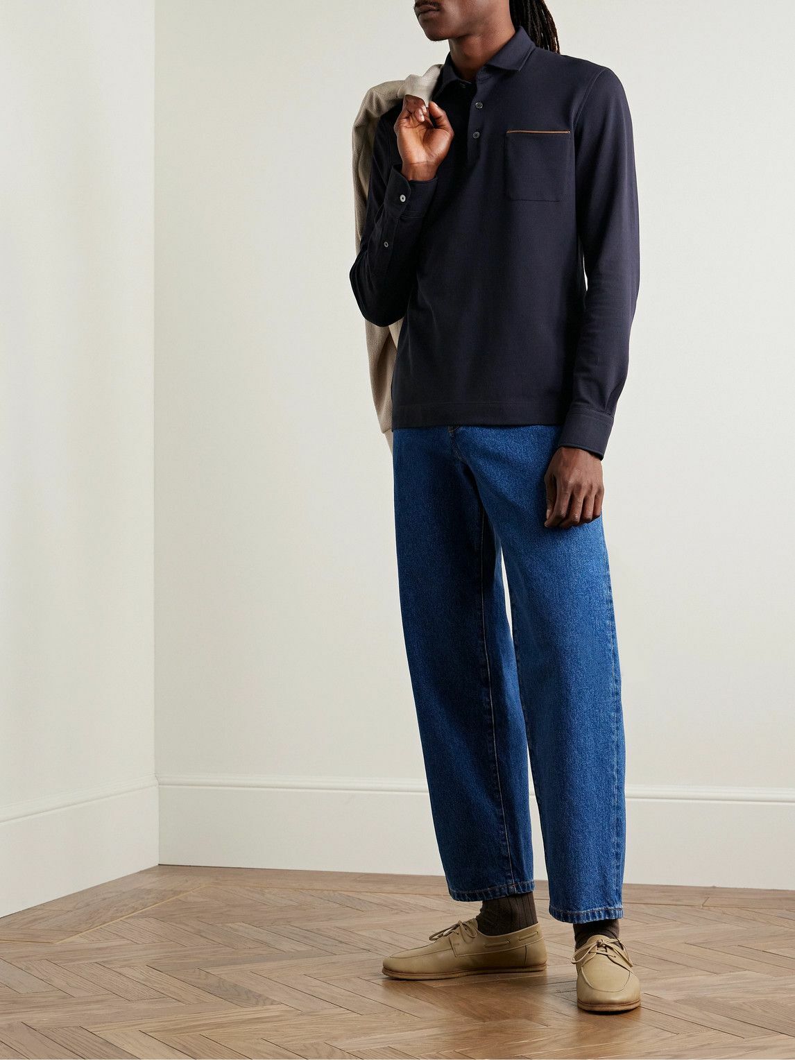 Zegna - Slim-Fit Suede-Trimmed Cotton-Piqué Polo Shirt - Blue Zegna