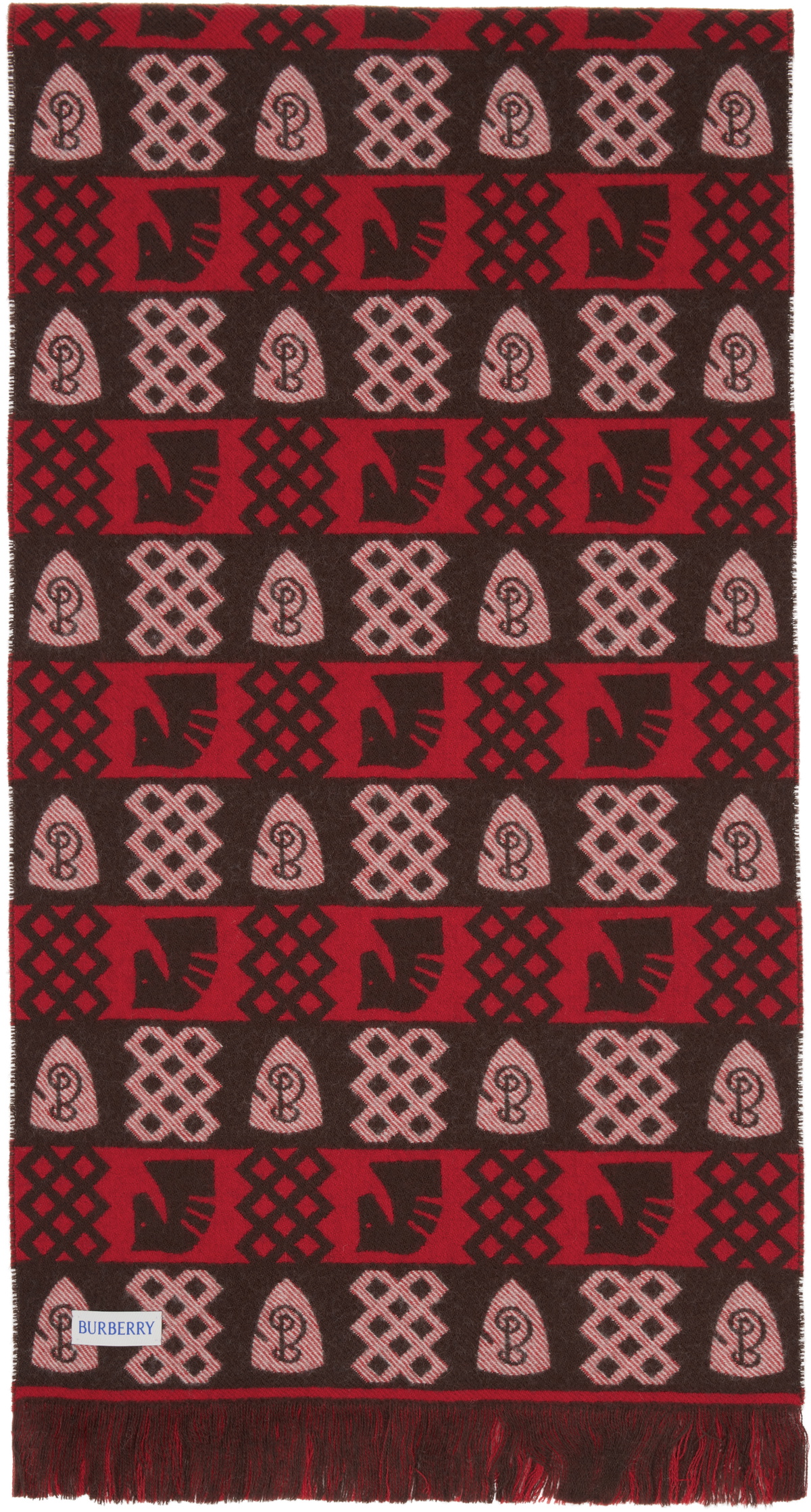 Burberry Red & Brown Chess Fair Isle Wool Scarf Burberry