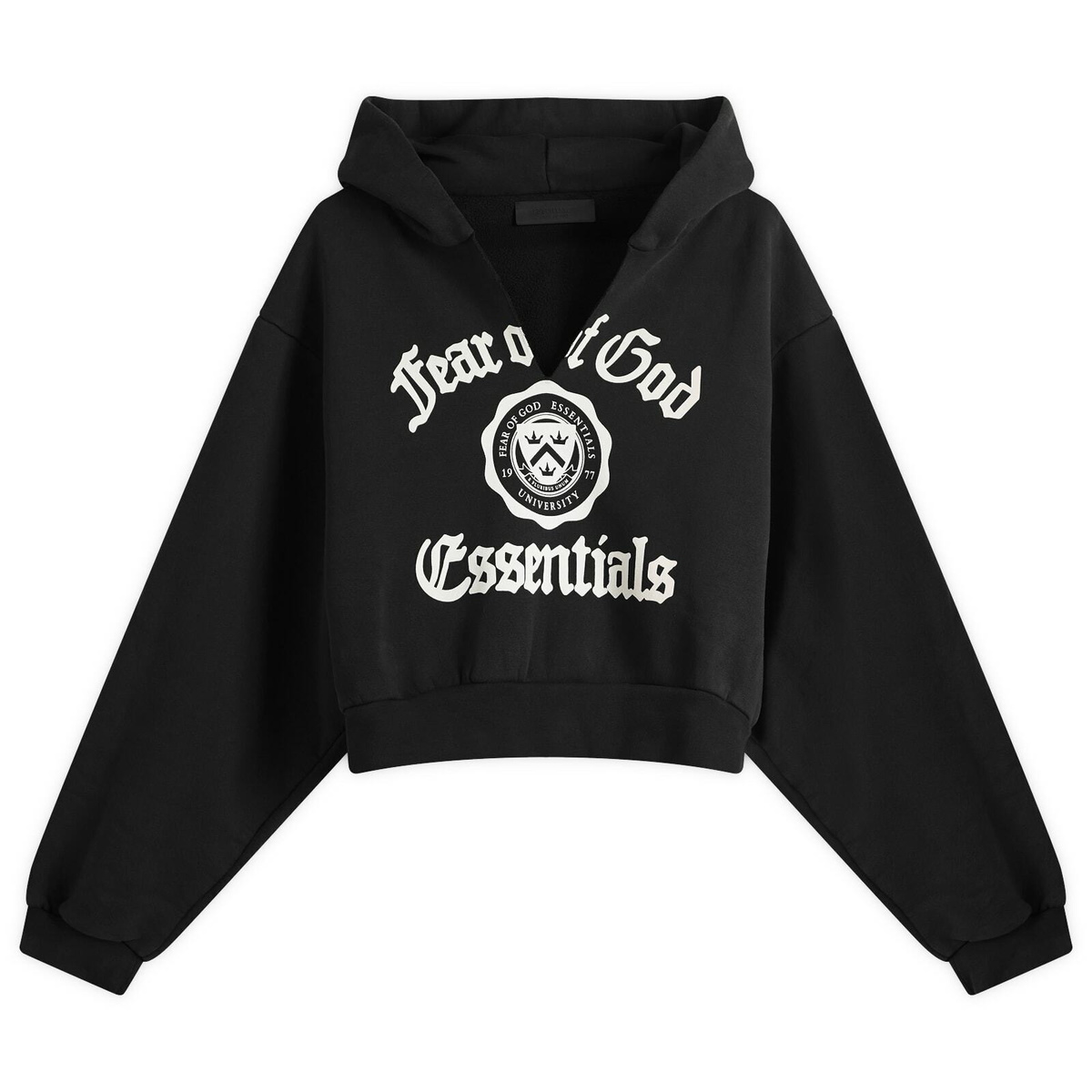 Fear of God ESSENTIALS Women's Heavy Fleece Cropped V-Neck Hoodie in Black Fear Of God Essentials