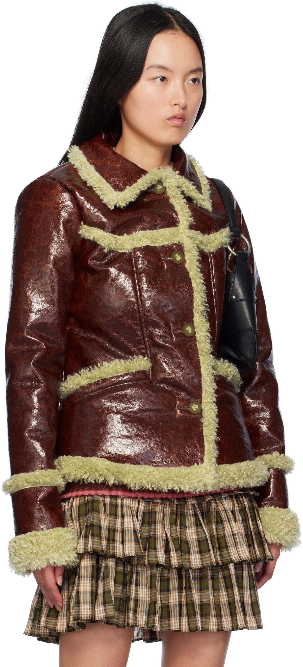 Anna Sui Brown Curly Trim Faux-Leather Jacket Anna Sui