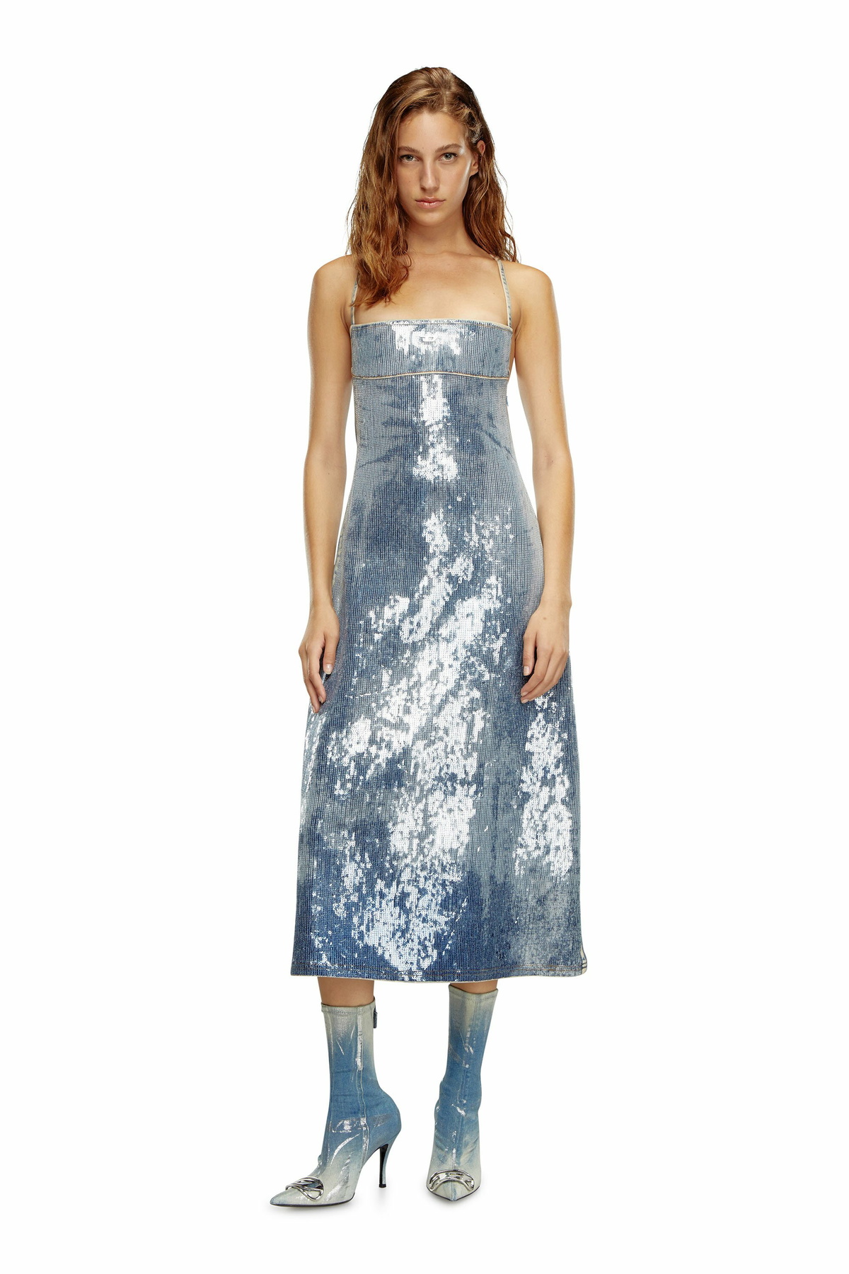 Diesel Strappy denim midi dress with sequins - Dresses Womens in Blue ...