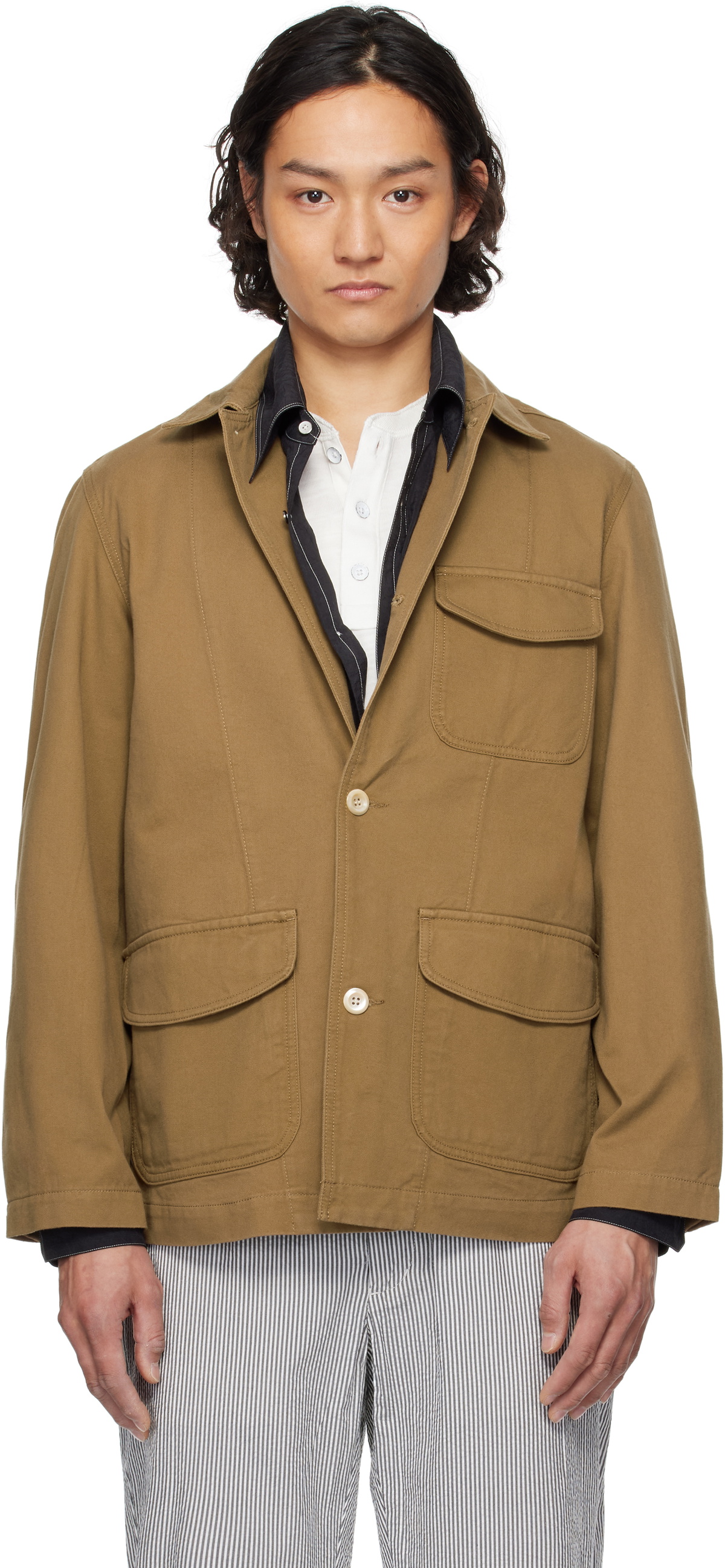 Drake's Tan Cotton Three-Pocket Chore Jacket Drake's