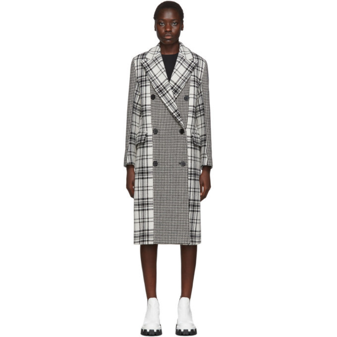 MSGM Black and White Plaid Double-Breasted Coat MSGM