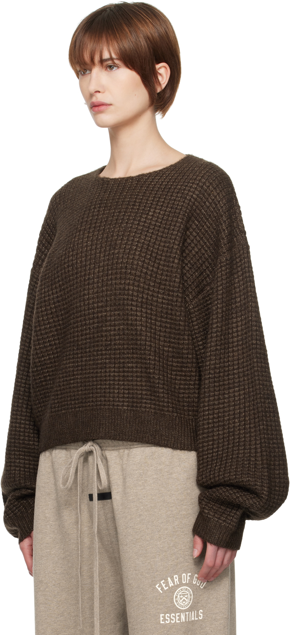 Fear of God ESSENTIALS Brown Heavy Waffle Cropped Sweater Fear Of God ...