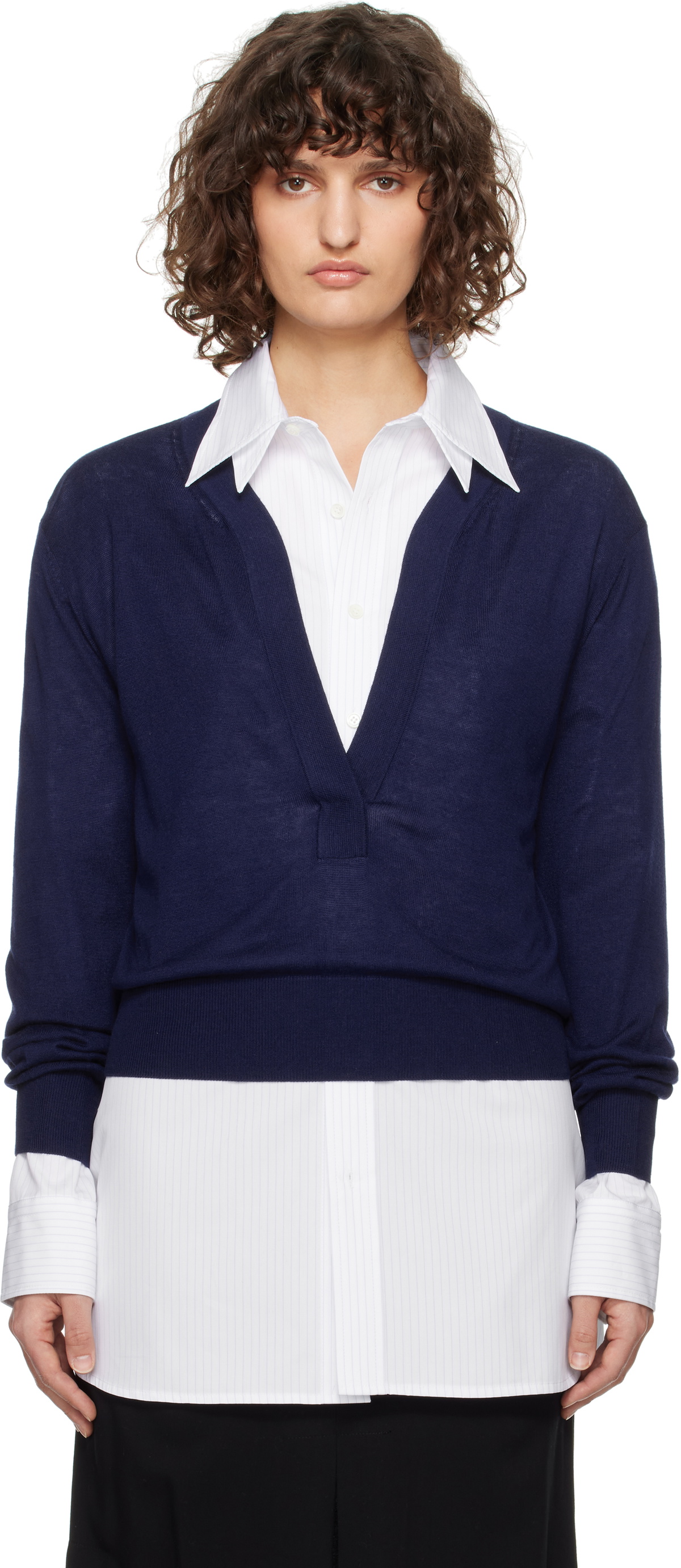 RECTO Blue Deep Henley Neck Sheer Knit Sweater Recto