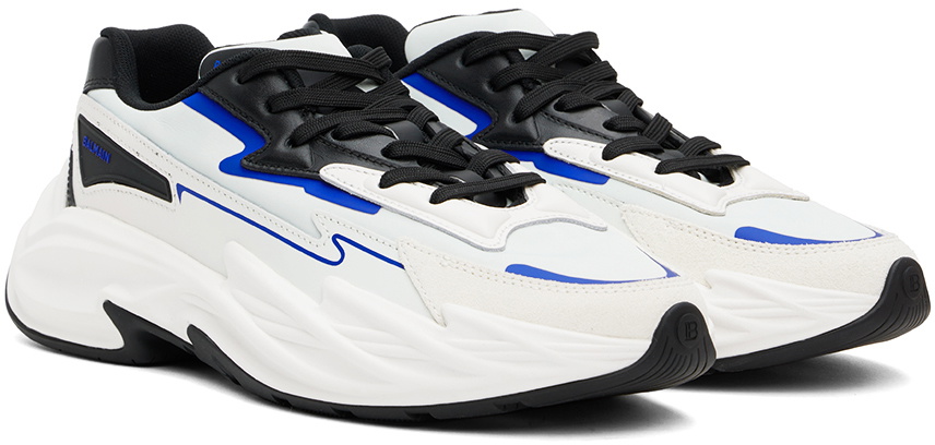 Balmain White & Blue Run-Row Leather Sneakers Balmain