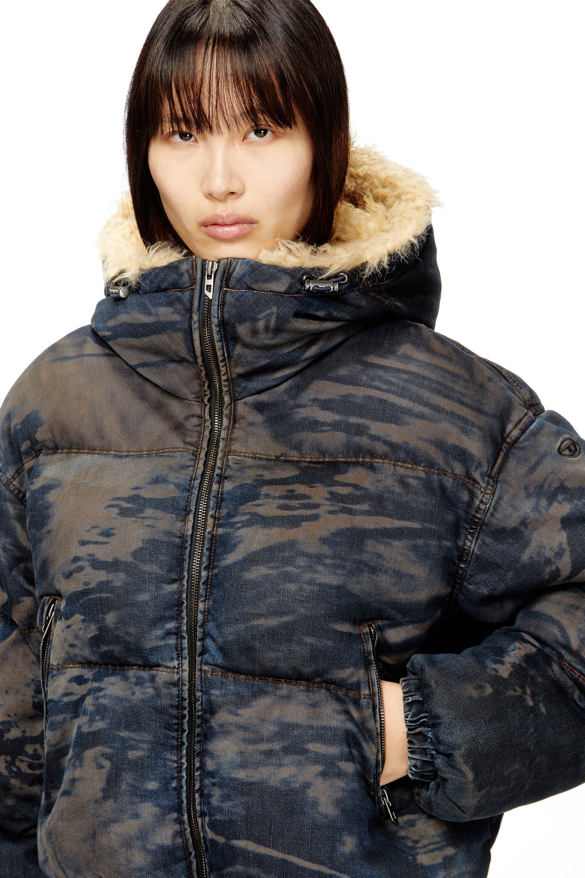 Diesel Hooded puffer jacket in dirt-effect camo denim - Winter Jackets ...