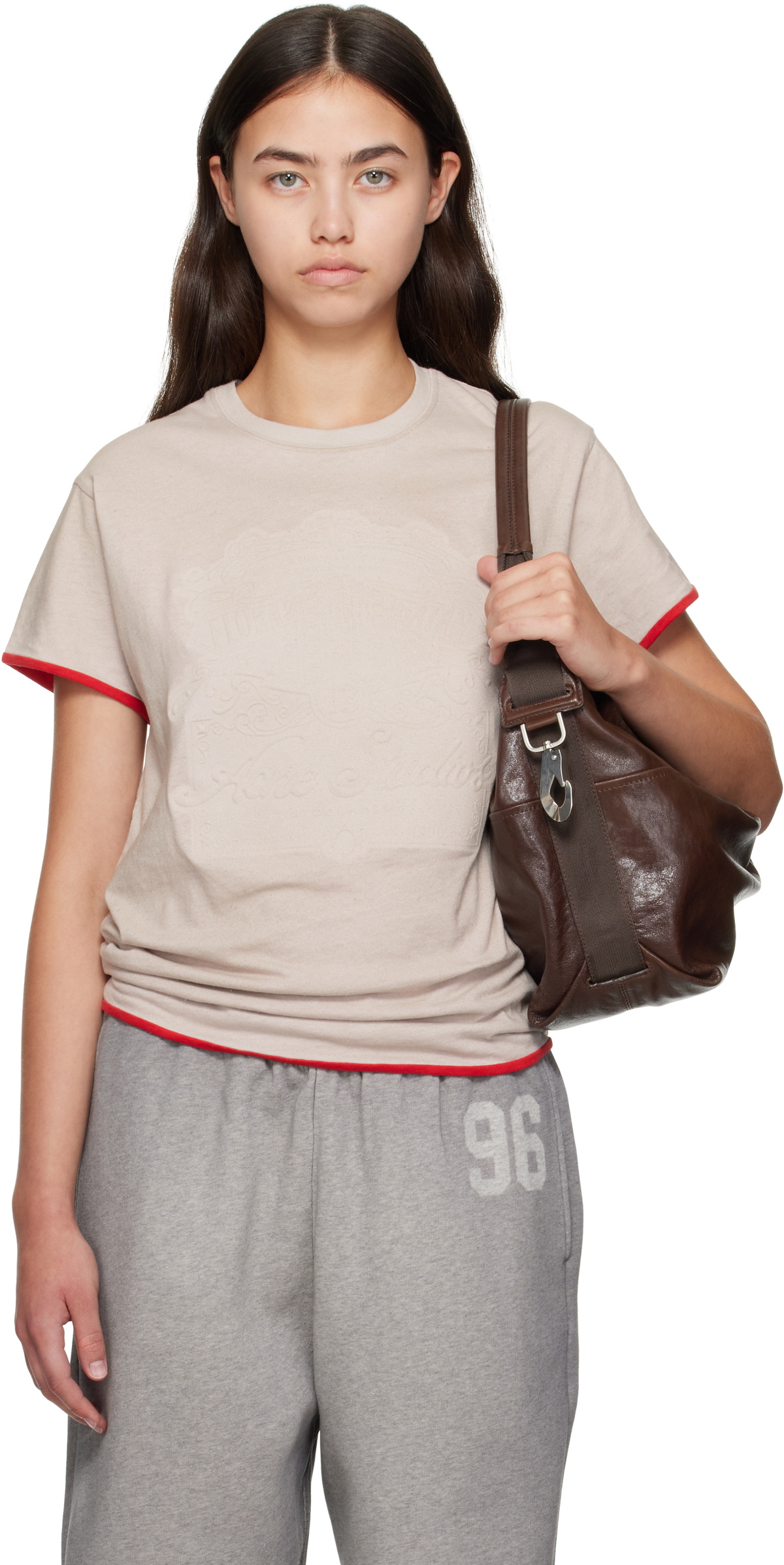 Acne Studios Beige & Red Embossed Logo T-shirt Acne Studios