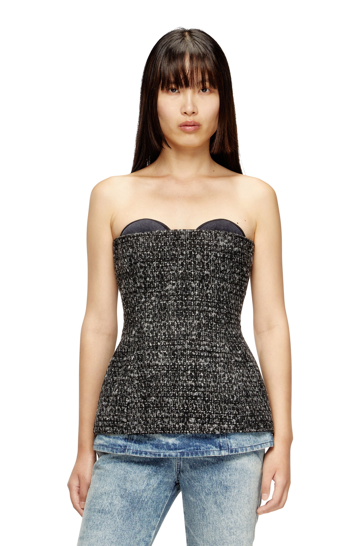 Diesel Bouclé corset top with ultra-low cut - Tops Womens in Black Diesel