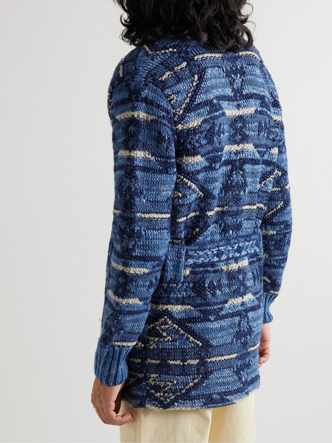 RRL - Belted Intarsia Cotton, Linen and Wool-Blend Cardigan - Blue RRL