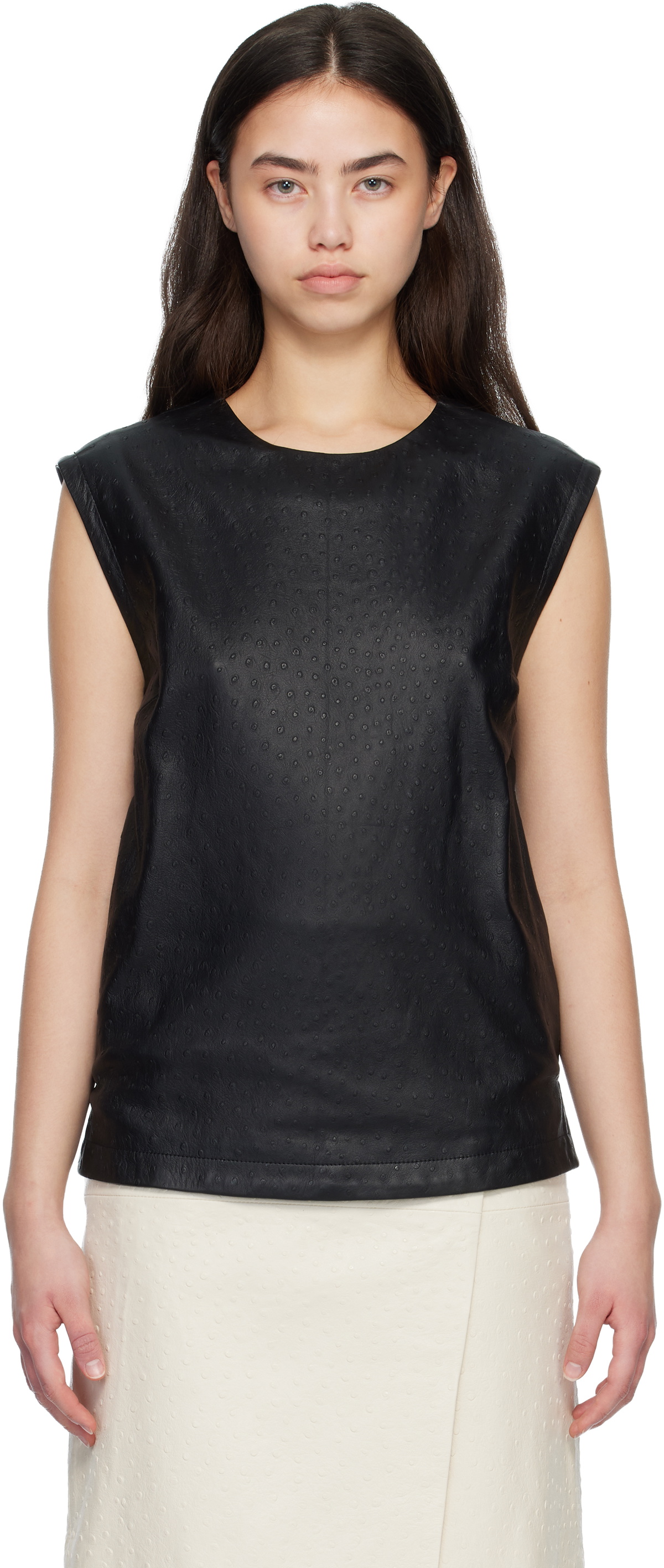Loulou de Saison Black FIZA Ostrich-Effect Leather Blouse Loulou Studio