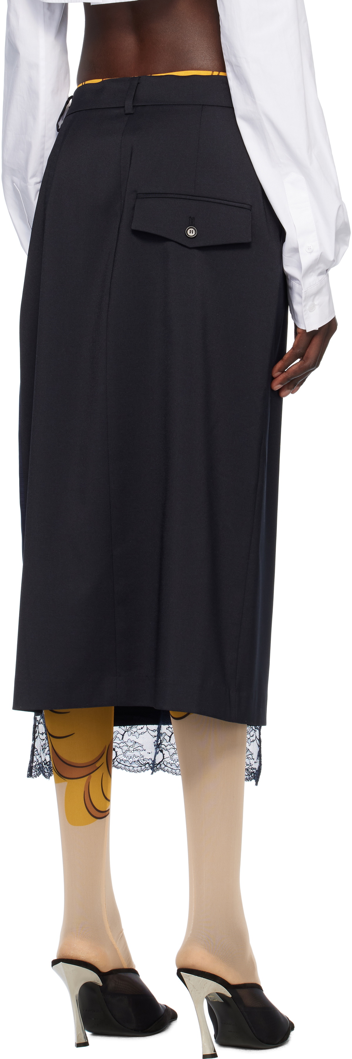 Pushbutton Navy Lace Trim Midi Skirt Pushbutton