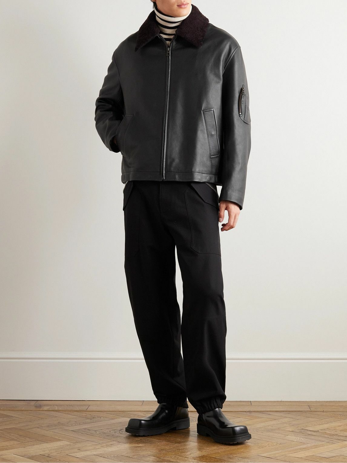 LOEWE - Appliquéd Shearling-Trimmed Leather Jacket - Black Loewe