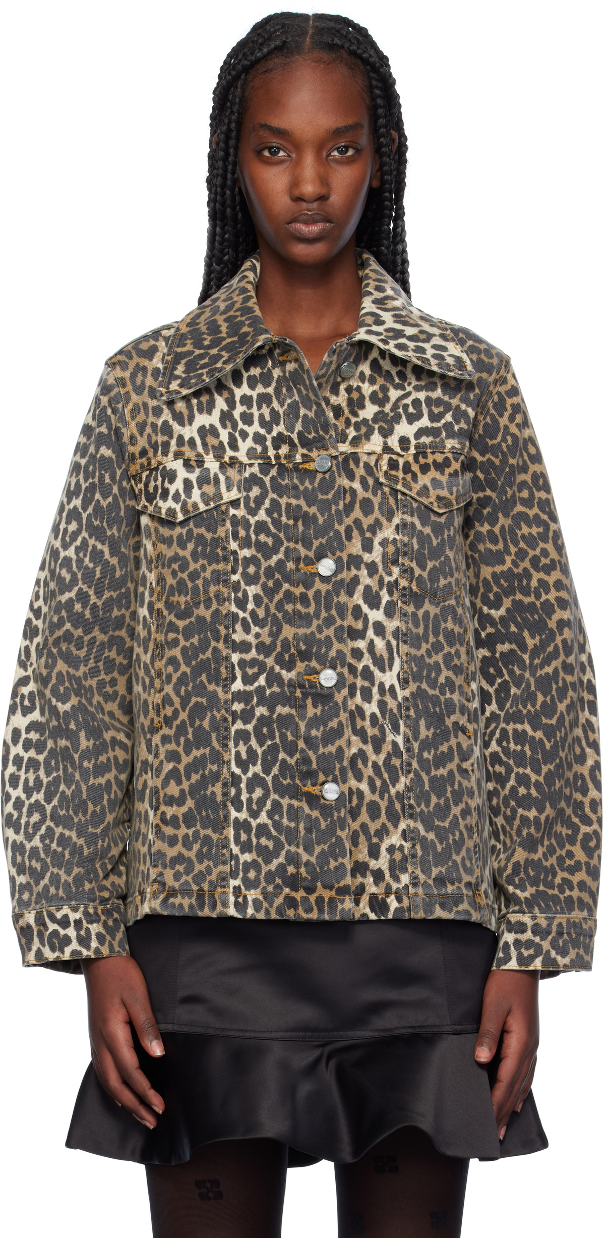 GANNI Beige & Brown Leopard Printed Denim Jacket GANNI