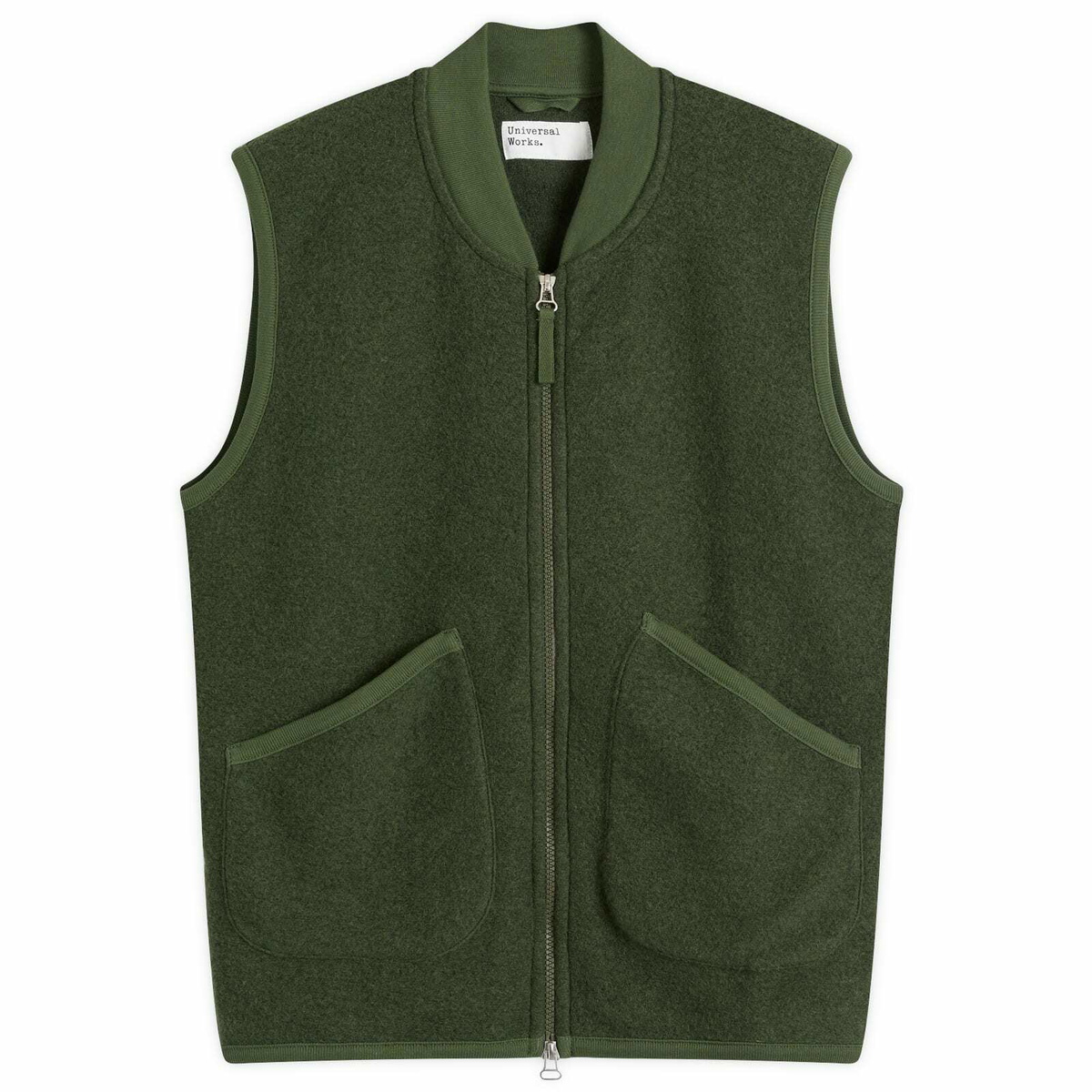 Universal Works Men's Wool Fleece Zip Waistcoat in Olive Universal Works