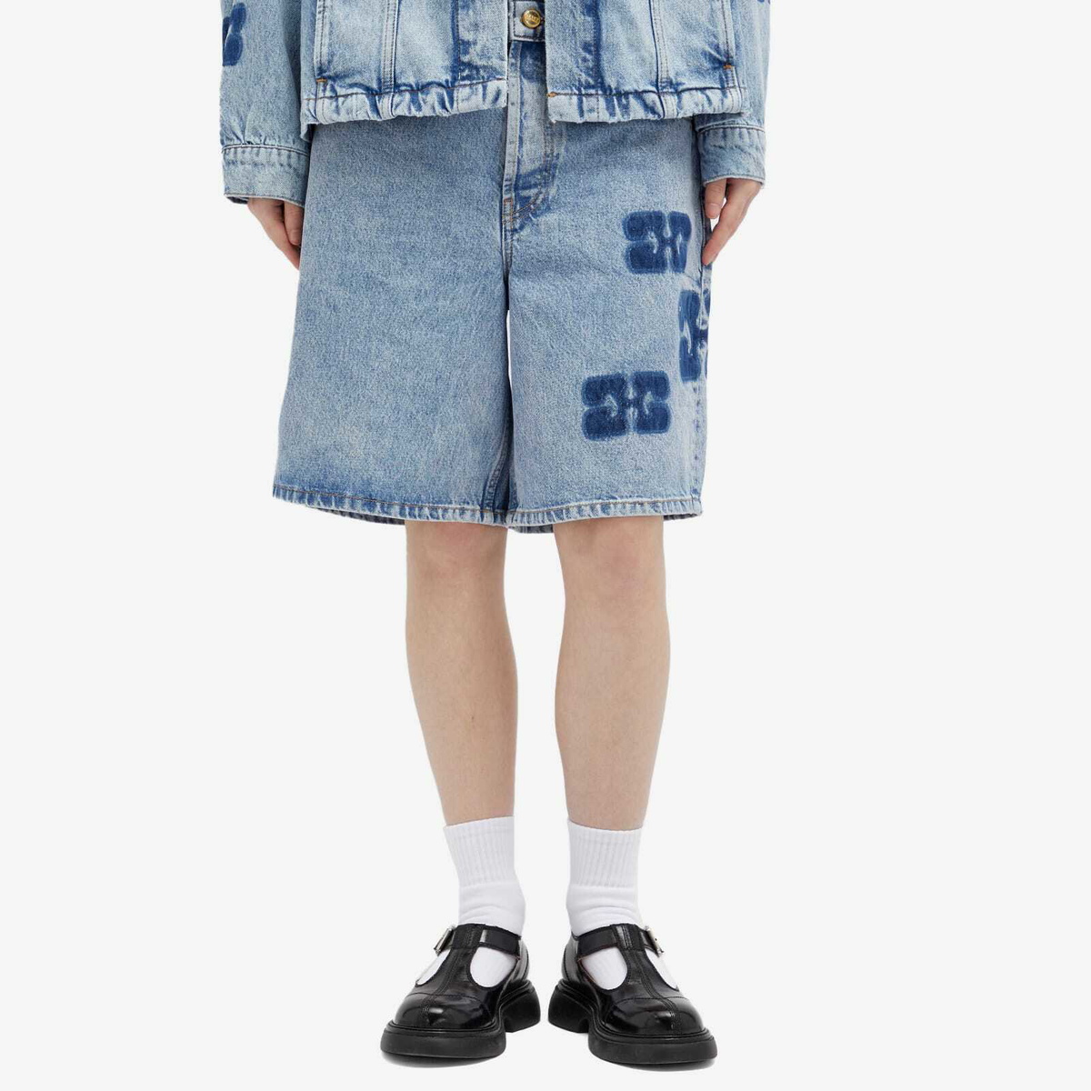 GANNI Women's Patch Denim Shorts in Mid Blue Stone GANNI