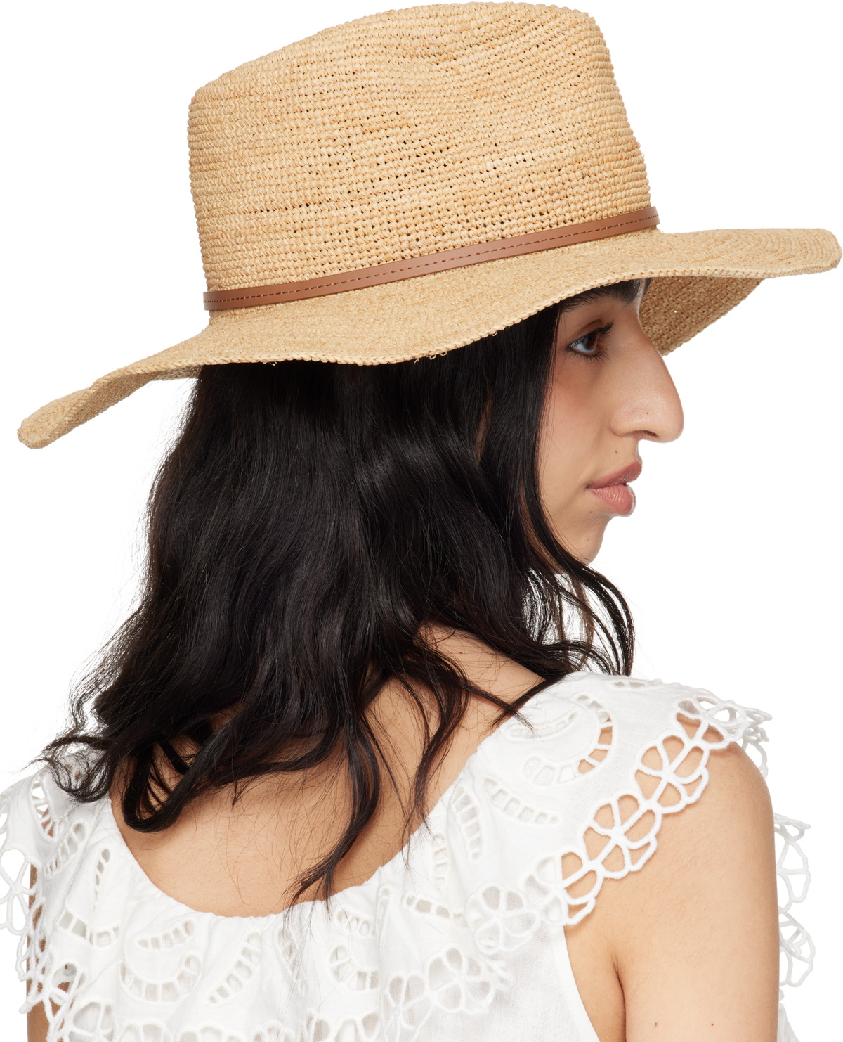 rag & bone Beige Leather-Trimmed Wide-Brim Raffia Panama Hat Rag and Bone