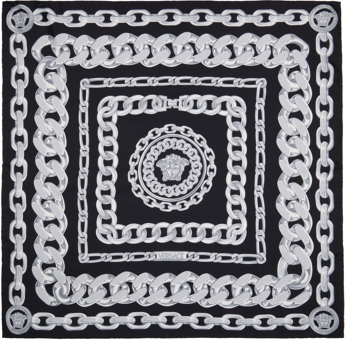 Versace Black & Gray Medusa Chains Large Silk Scarf Versace