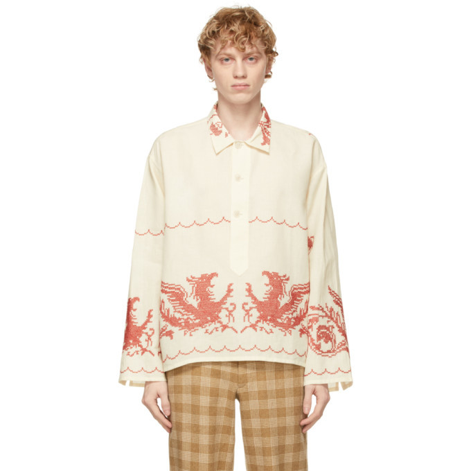 Bode SSENSE Exclusive Off-White and Red Dragon Scene Shirt Bode