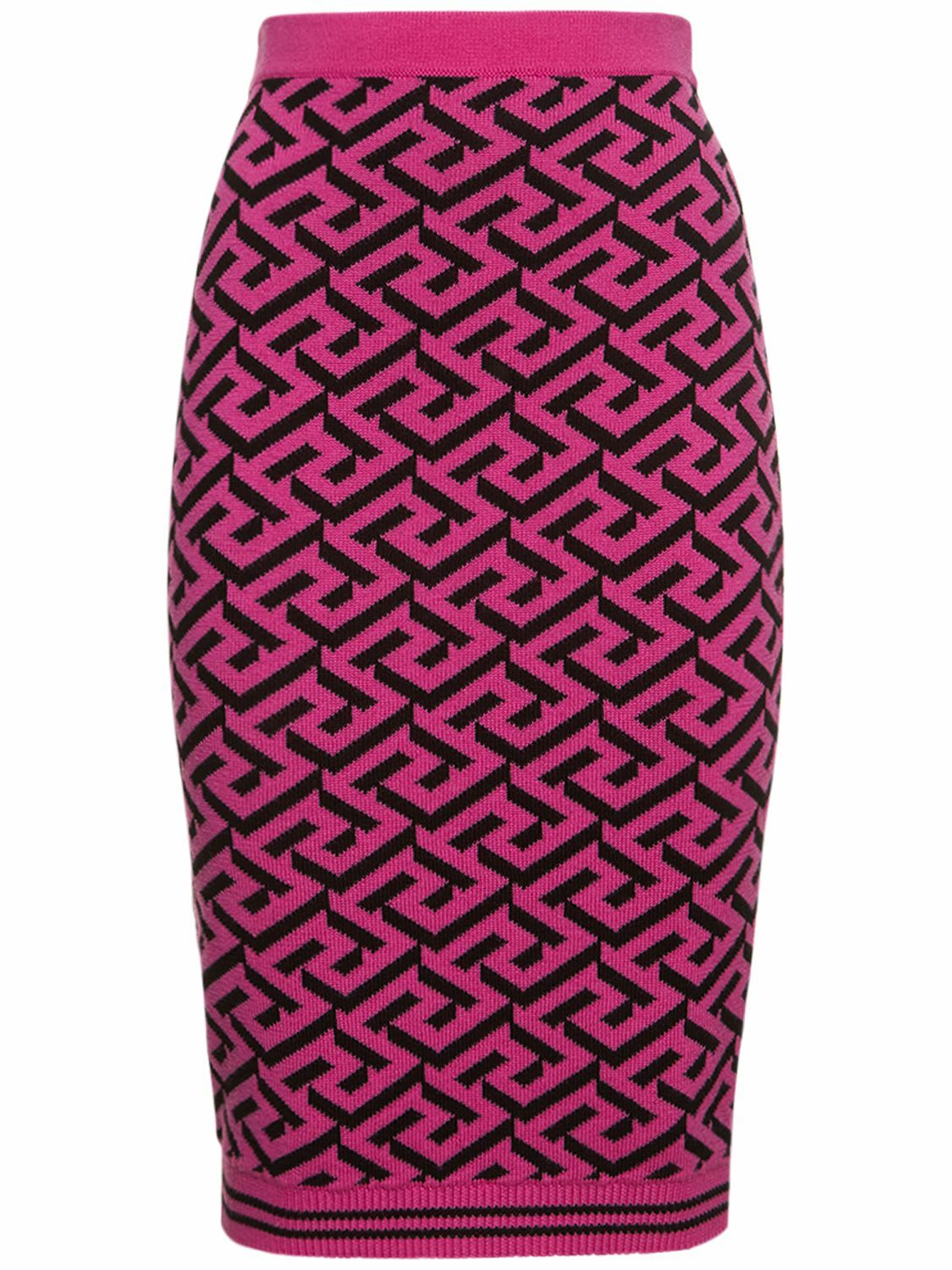 VERSACE - Monogram Wool Blend Knit Midi Skirt Versace