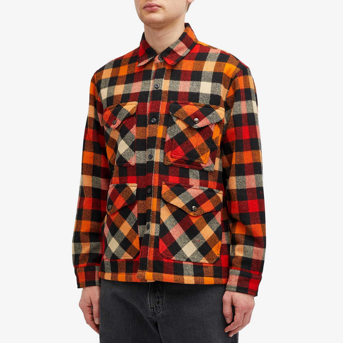 RRL Men's Mason Check Overshirt in Red/Orange Multi RRL