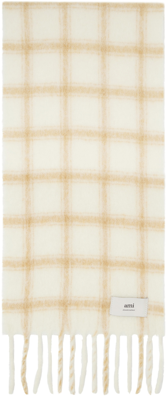 AMI Paris Off-White & Beige Checkered Label Scarf AMI