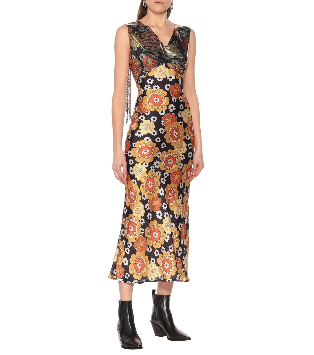 Paco Rabanne - Mesh-trimmed floral gown Paco Rabanne