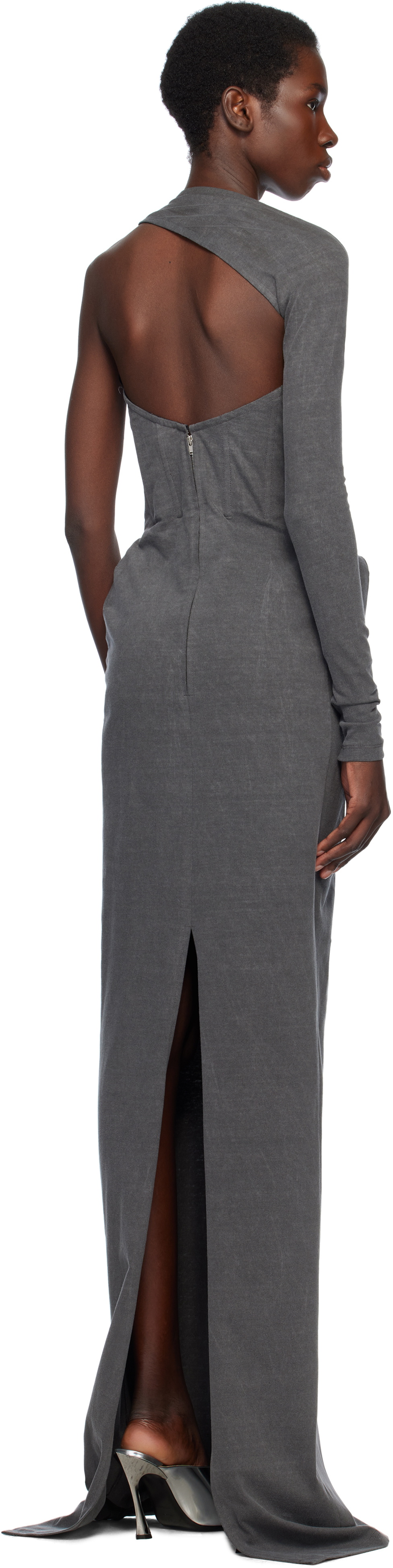 Pushbutton Gray Asymmetric Darted Slim Maxi Dress Pushbutton