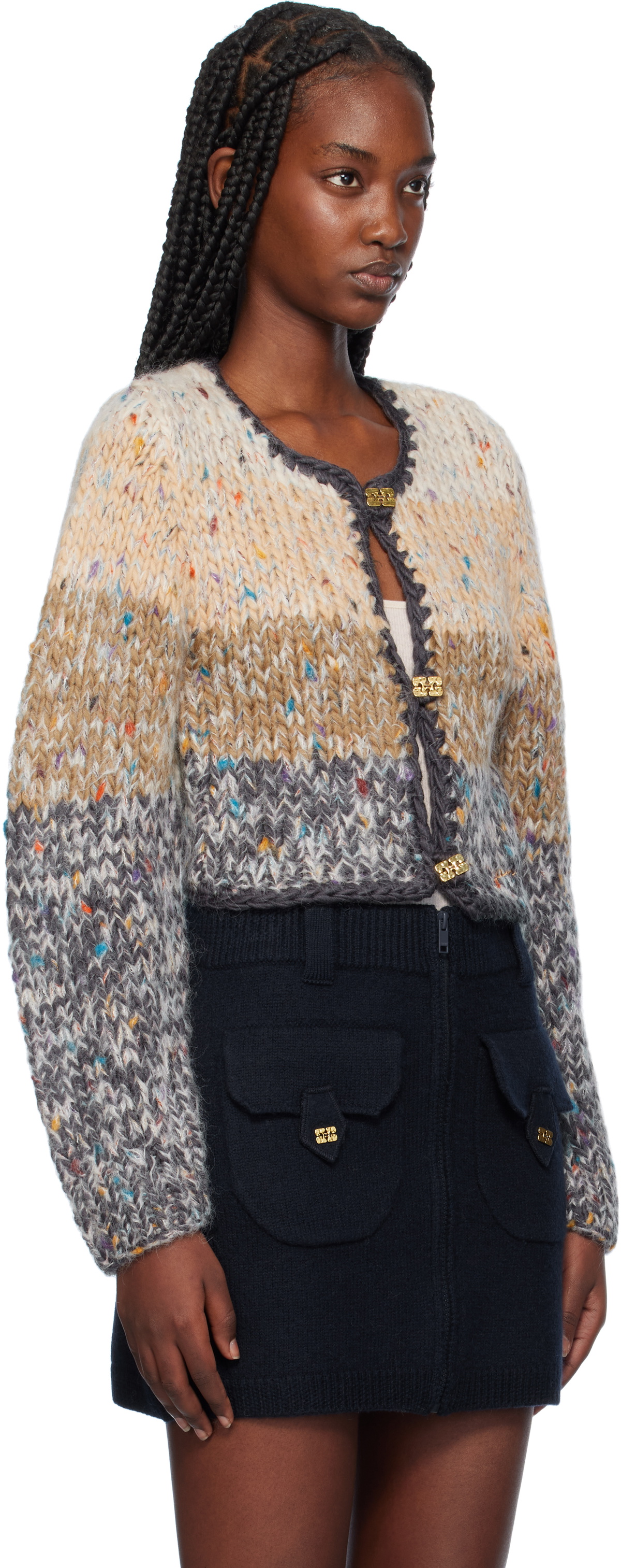 GANNI Beige Hand-Knit Cropped Cardigan GANNI