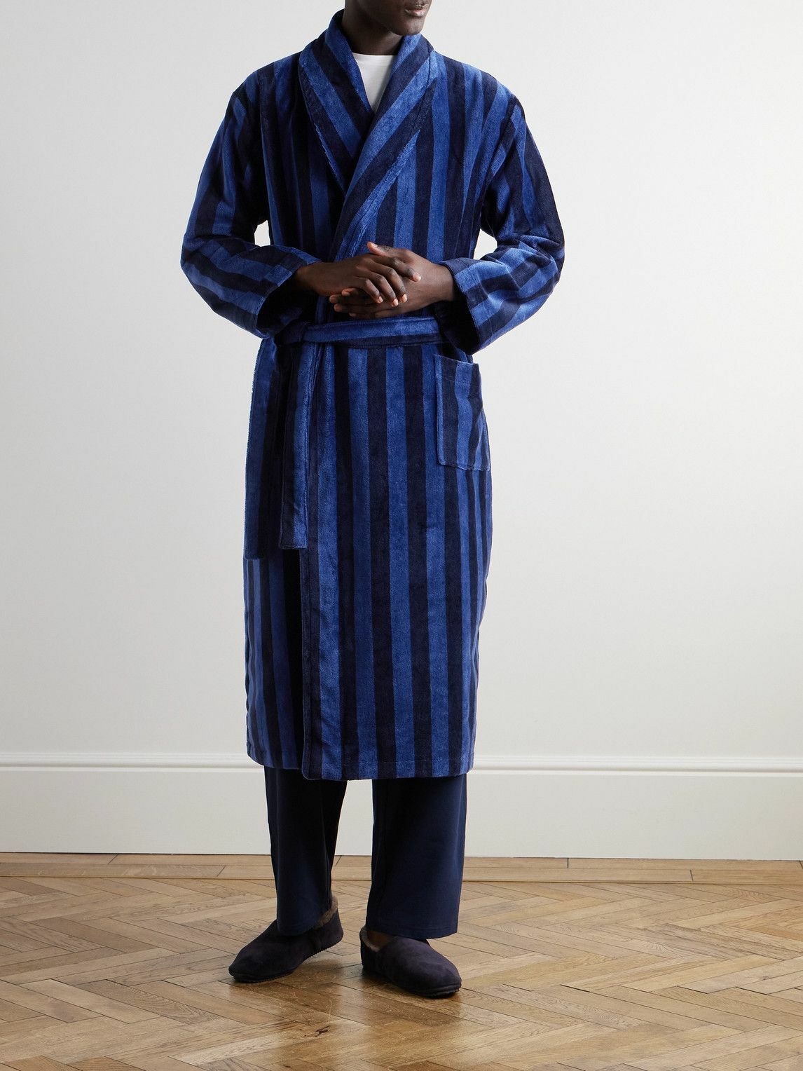 Derek Rose - Aston 36 Striped Cotton-Blend Terry Robe - Blue Derek Rose