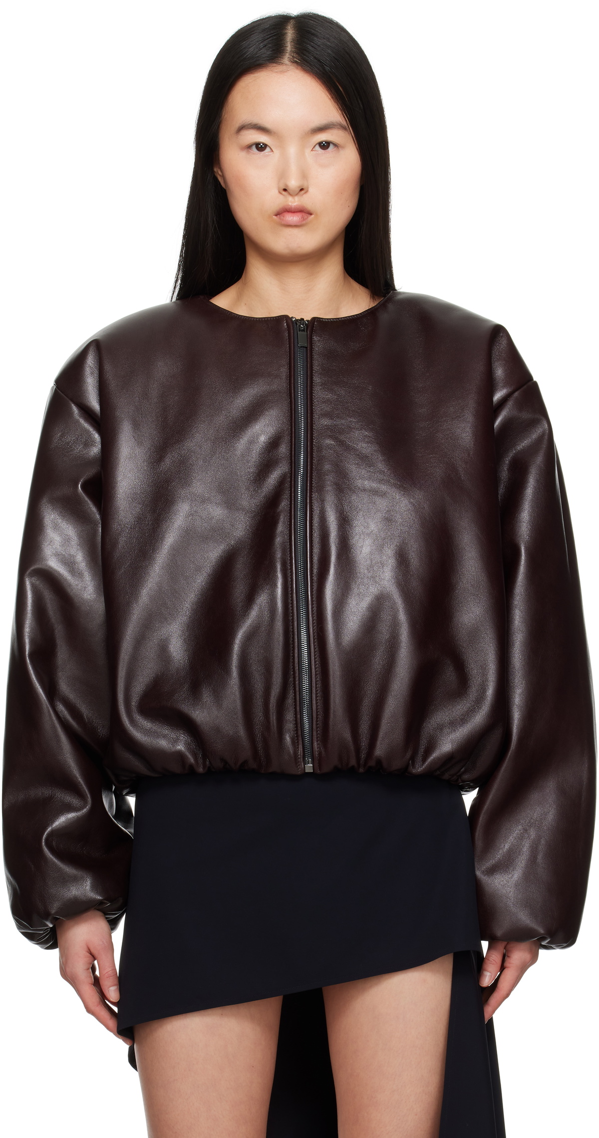 Magda Butrym Burgundy Collarless Puffer Leather Jacket Magda Butrym
