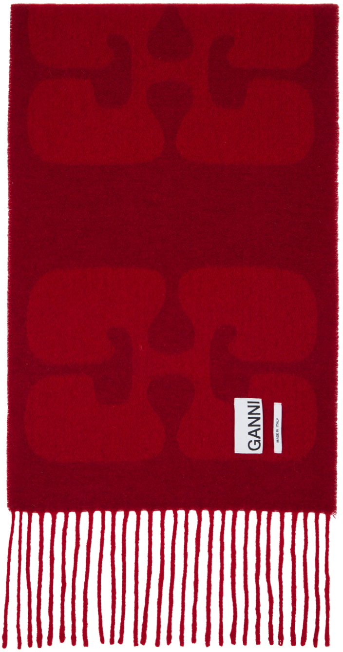 GANNI Red Narrow Logo Scarf GANNI
