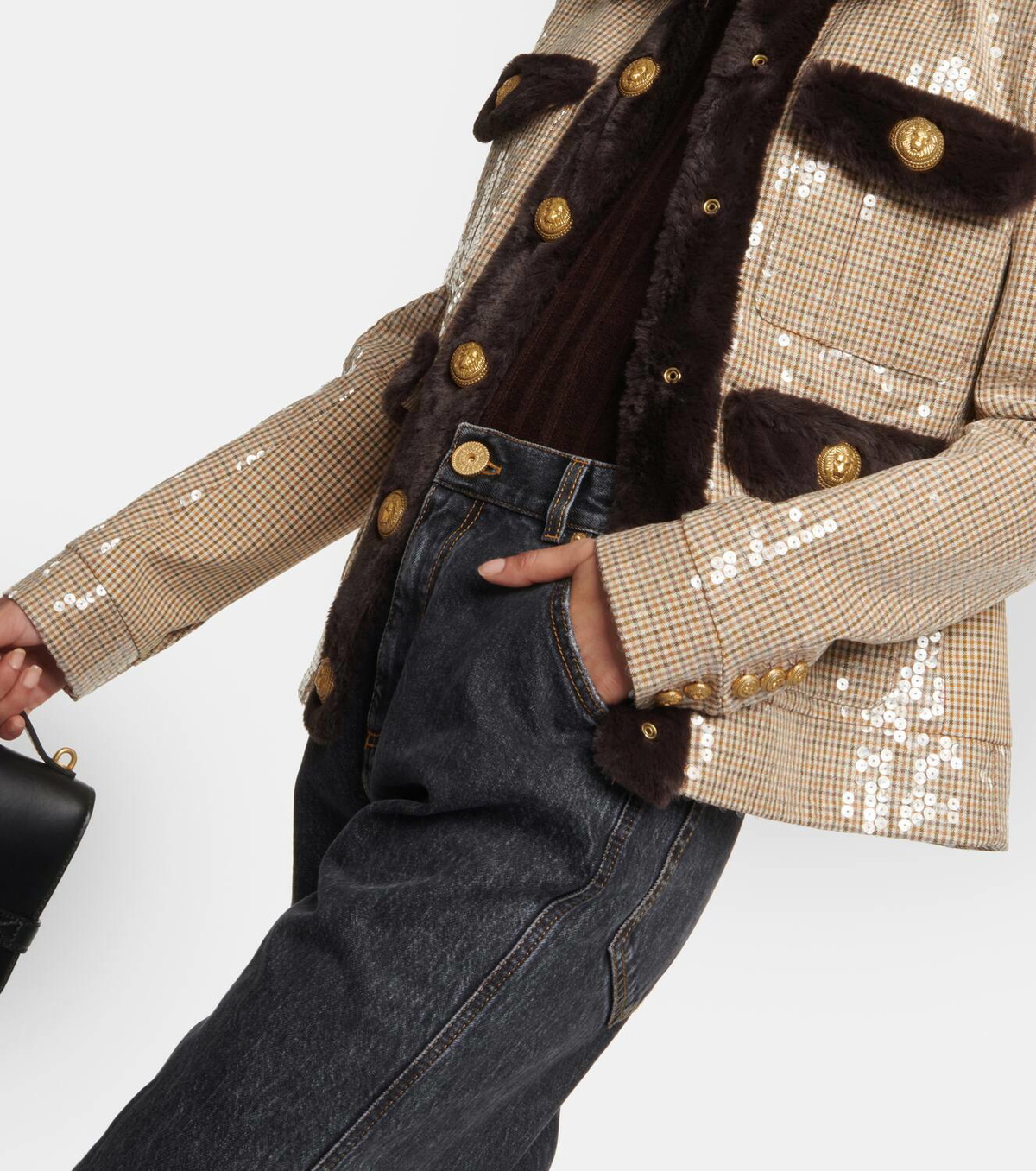 Balmain Sequined faux fur-trimmed jacket Balmain