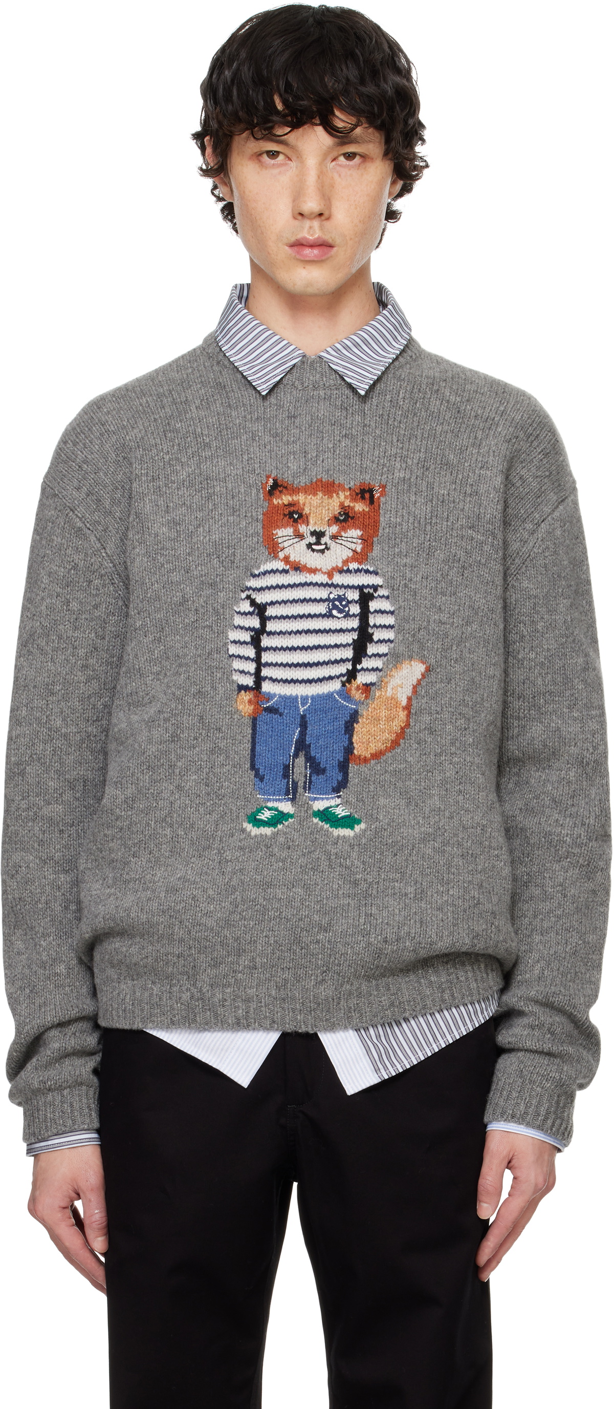 Maison Kitsuné Gray Dressed Fox Intarsia Sweater Maison Kitsune