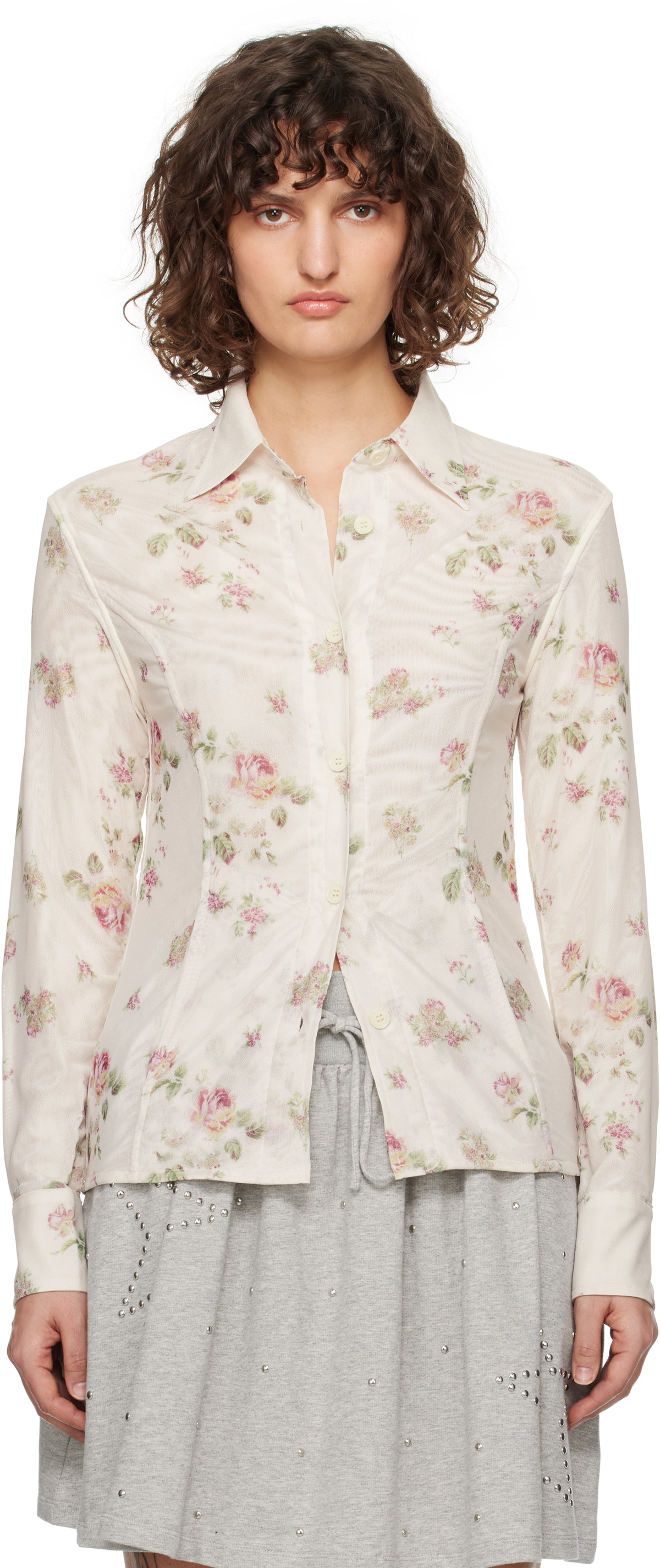 OPEN YY Beige Double Mesh Print Shirt OPEN YY