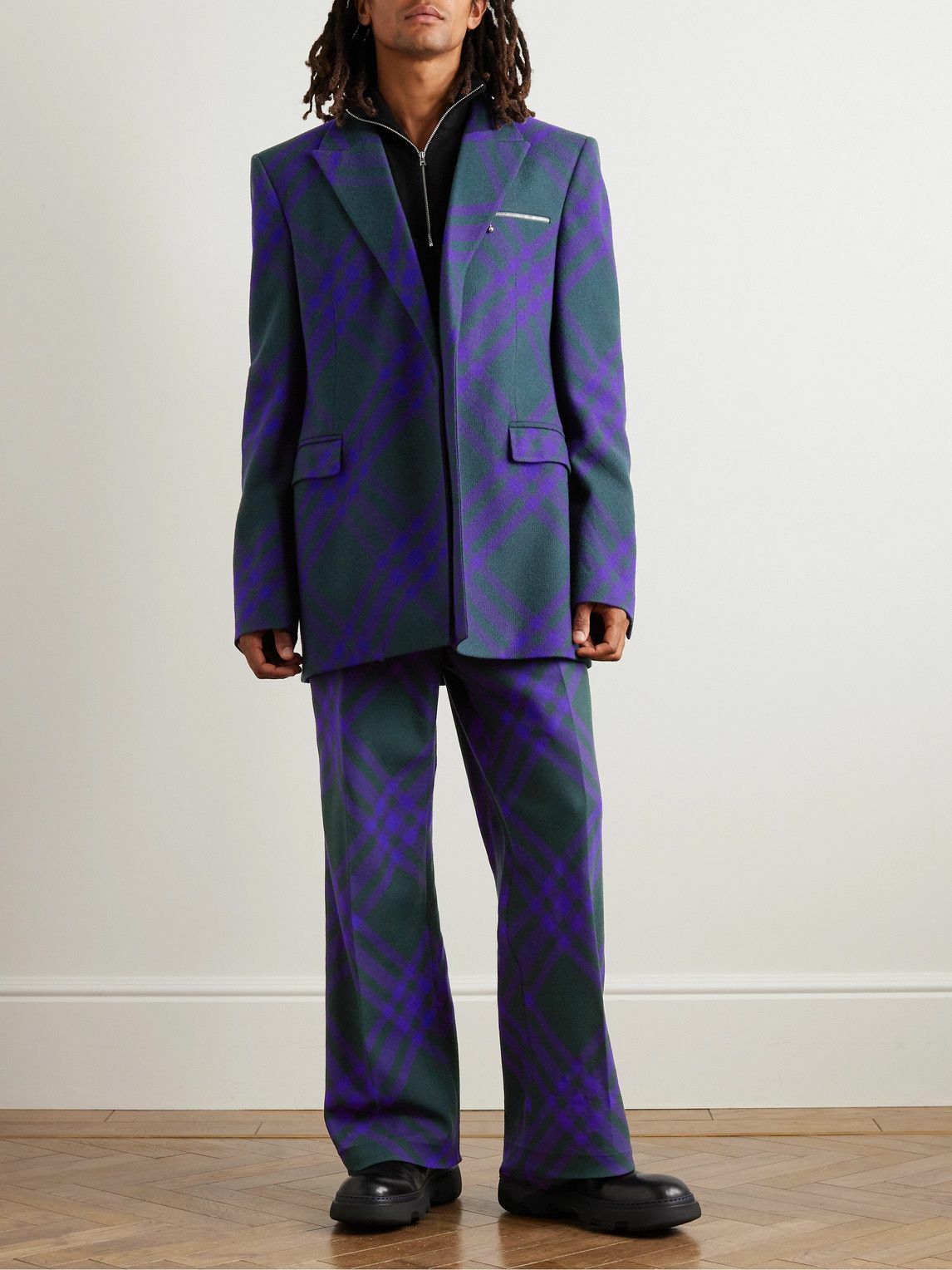 Burberry - Wide-Leg Bleated Checked Virgin Wool Trousers - Blue Burberry