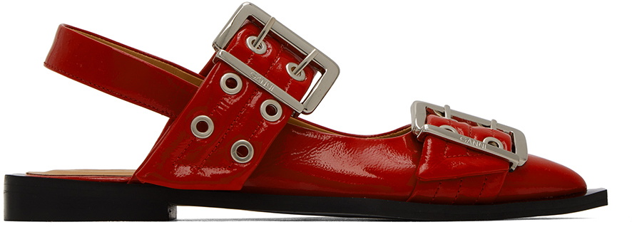 GANNI Red Wide Welt Buckle Loafers GANNI