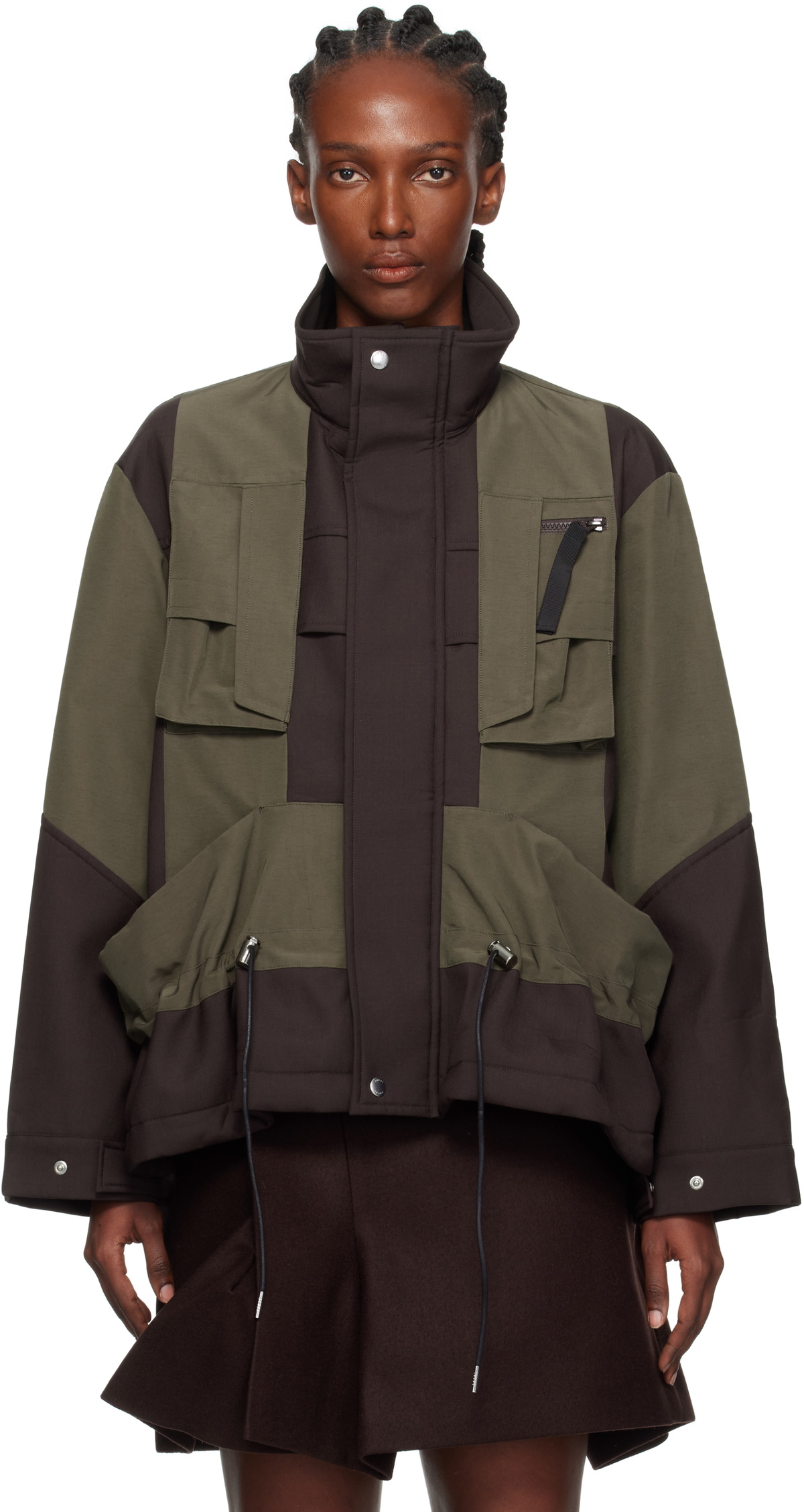 sacai Brown & Khaki Suiting Bonding x Grosgrain Jacket Sacai